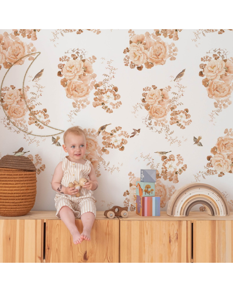 Papier peint enfant fleurs beige et rose